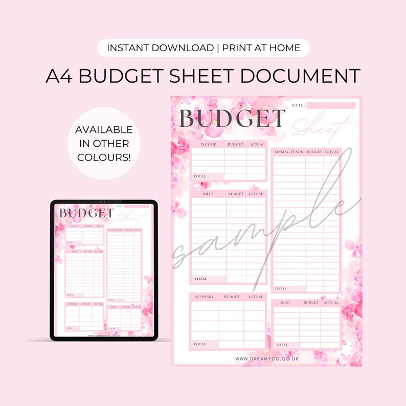 A4 Pink Budget Sheet | Digital Download - Print at Home | Budgeting ...