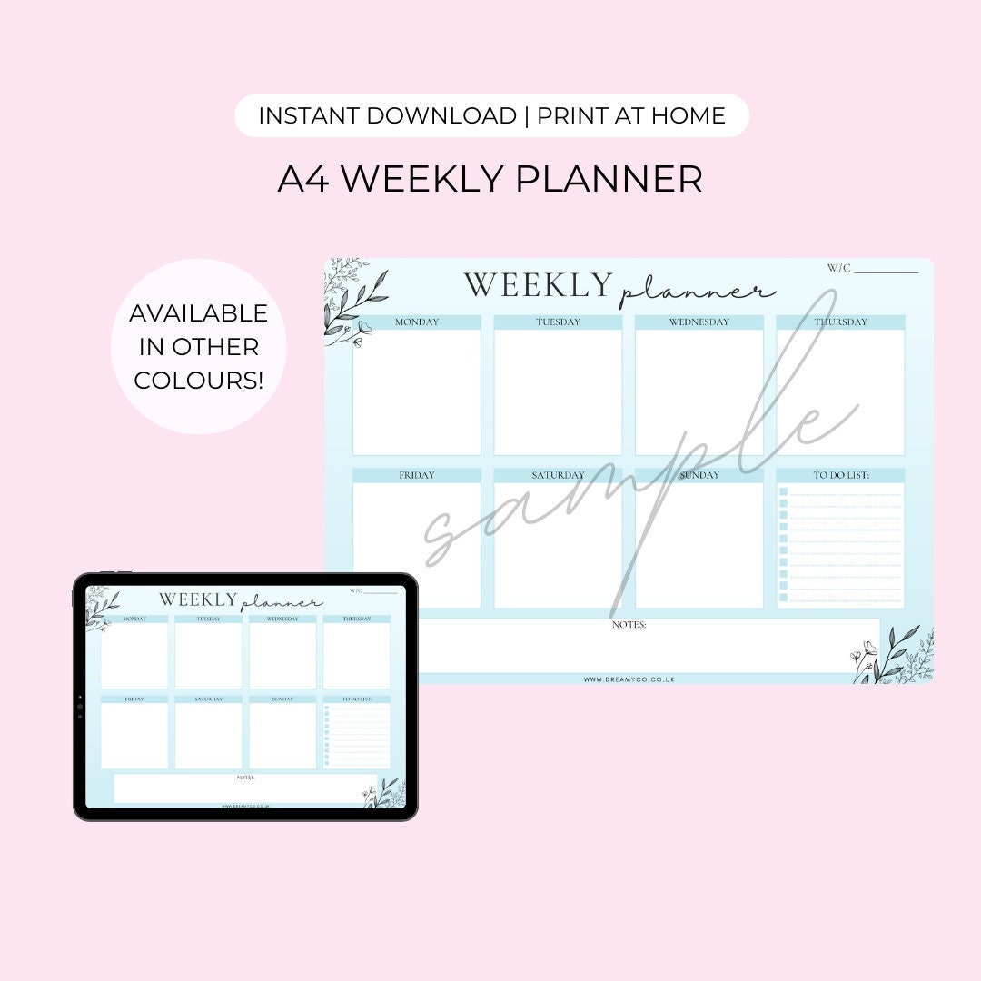 A4 Blue Weekly Planner | Digital Download - Print at Home | Stationery ...