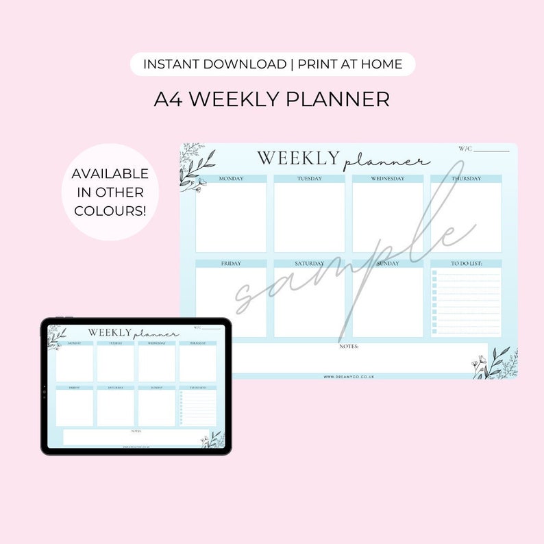 A4 Blue Weekly Planner | Digital Download - Print at Home | Stationery ...