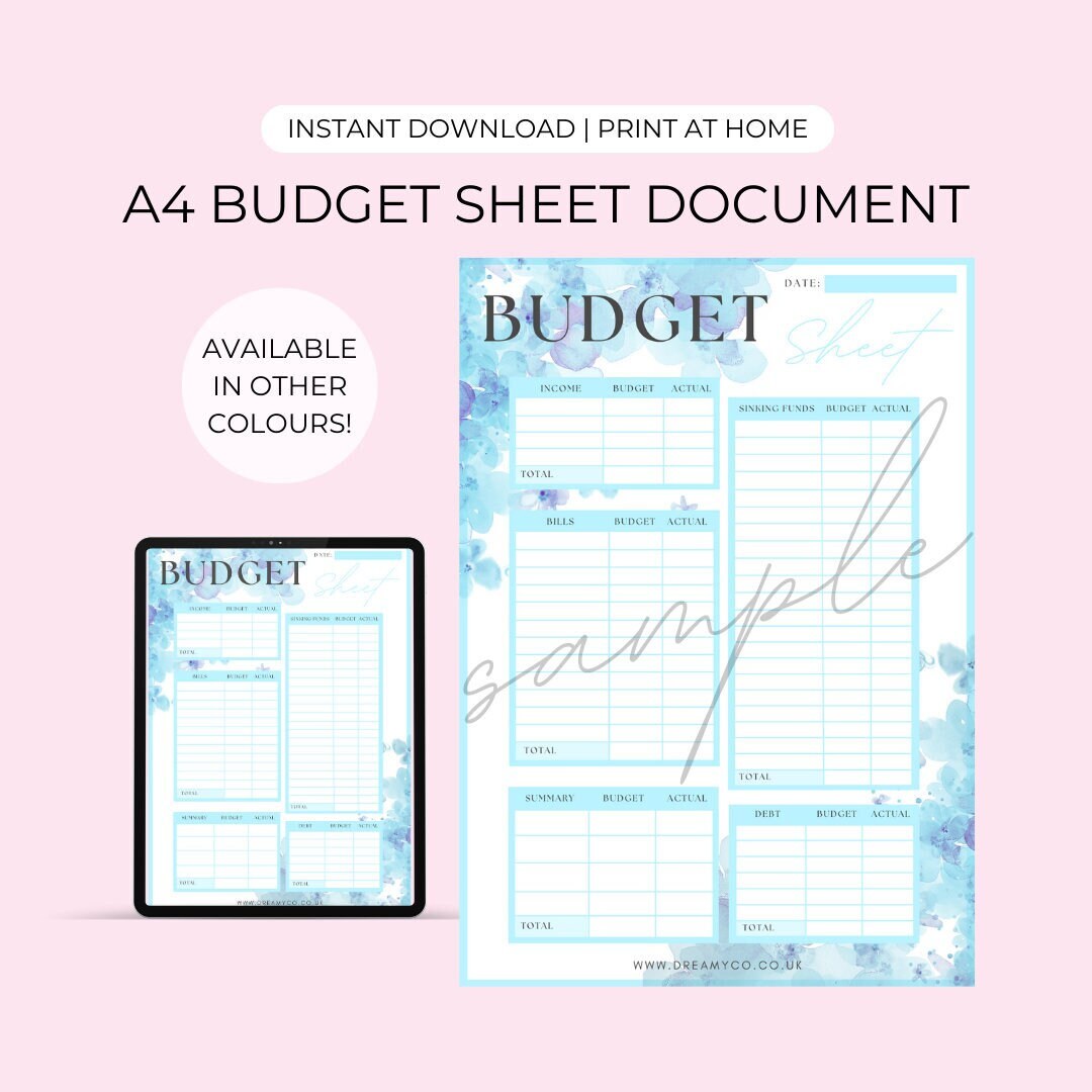 A4 Blue Budget Sheet Digital Download Print at Home Budgeting & Savings ...