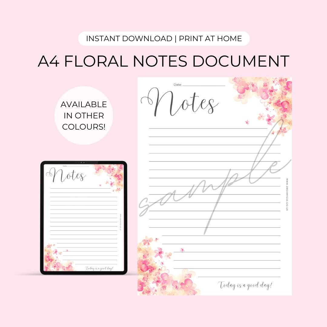 A4 Peach Floral Notes Document Digital Download Print at Home ...