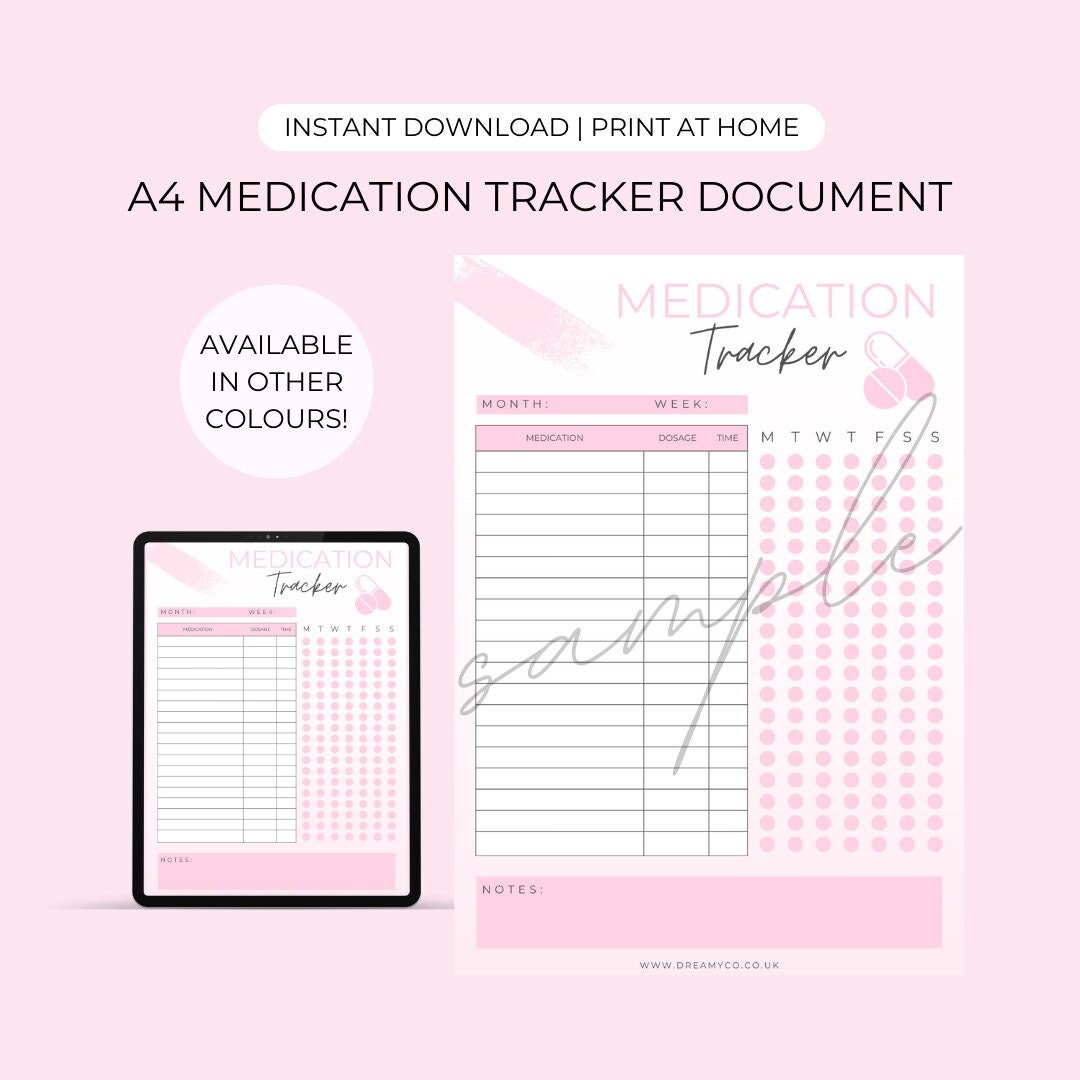 A4 Pink Medication Tracker Digital Download Print at Home Medication ...