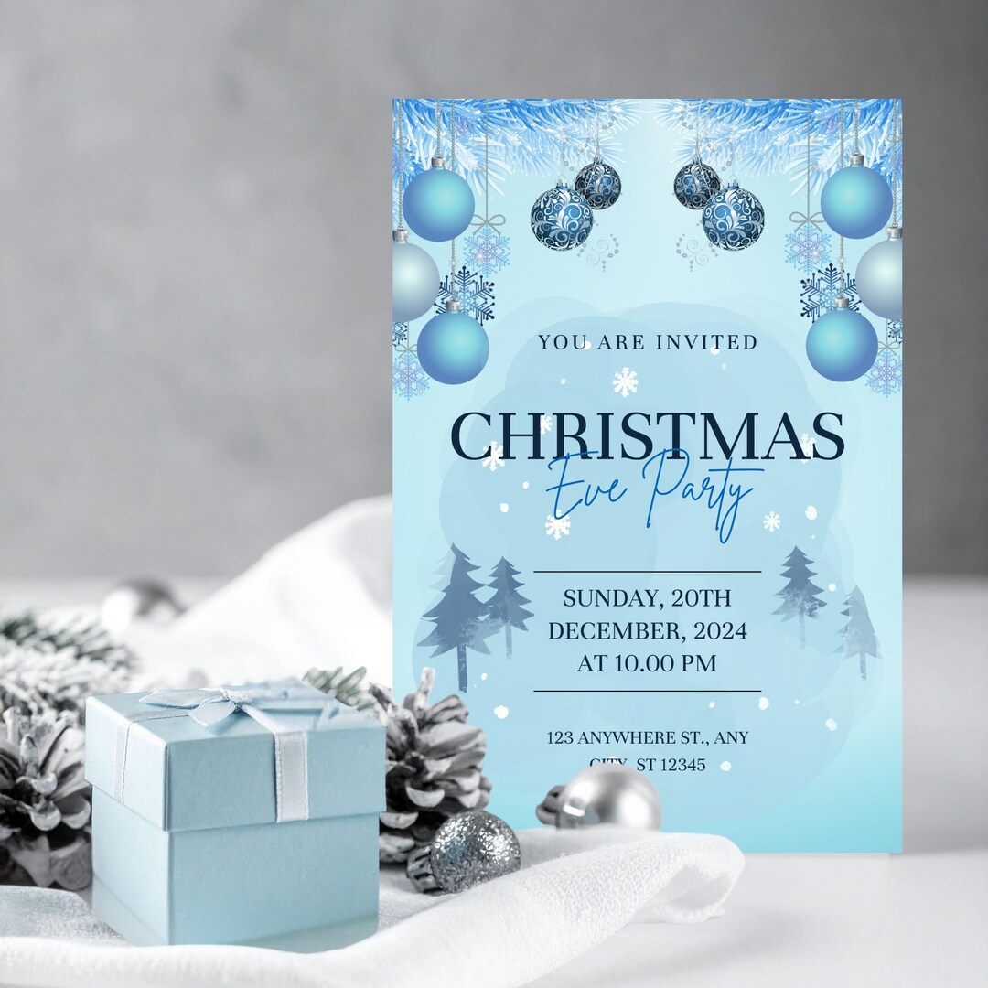 Blue Christmas Eve Party Invitation, Snowflake Elegant Winter Holiday ...