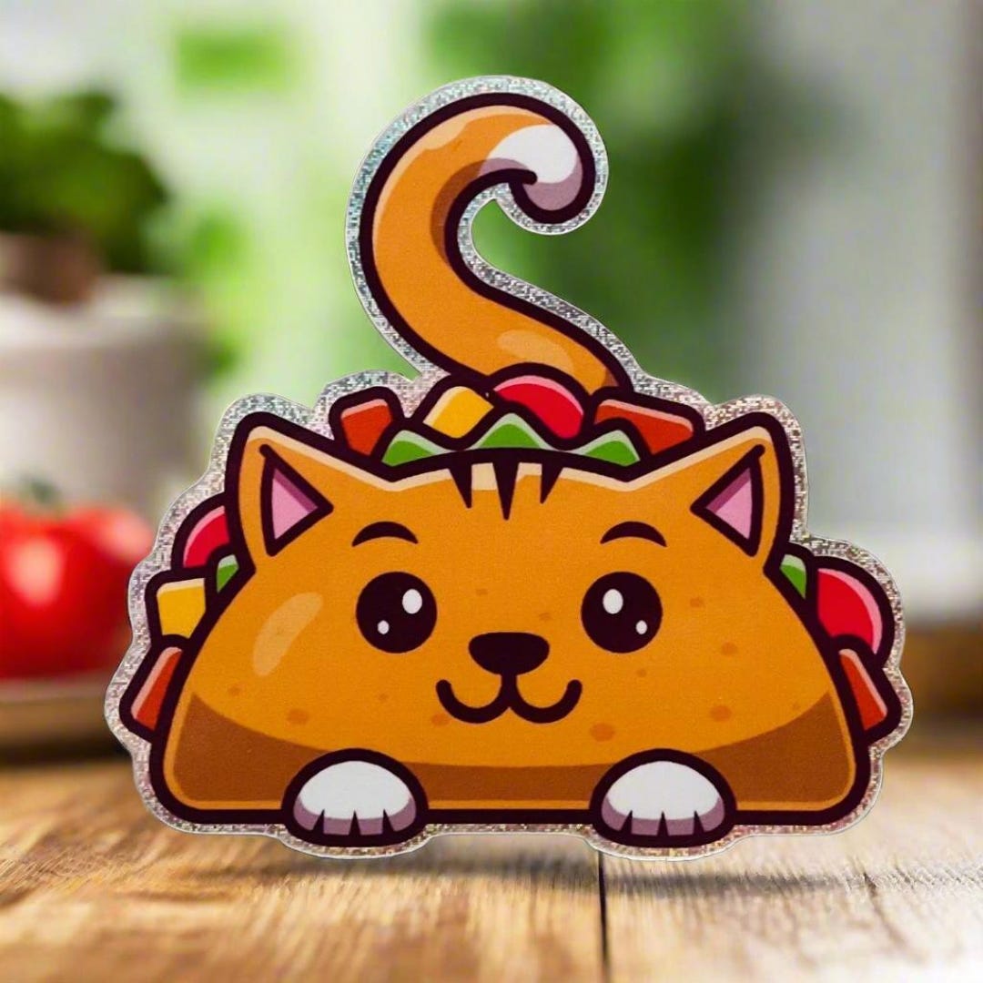 Taco Cat Glitter Sticker, Smiling Cat, Laptop Cat Sticker, Water Bottle ...
