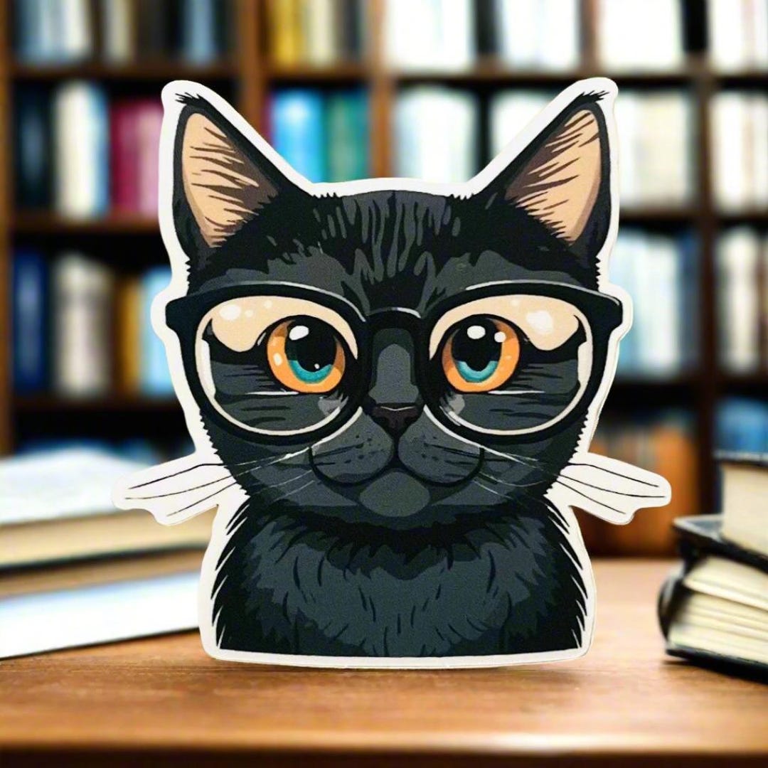 Black Cat Sticker, Black Cat With Glasses, Laptop Cat Sticker, Vinyl ...