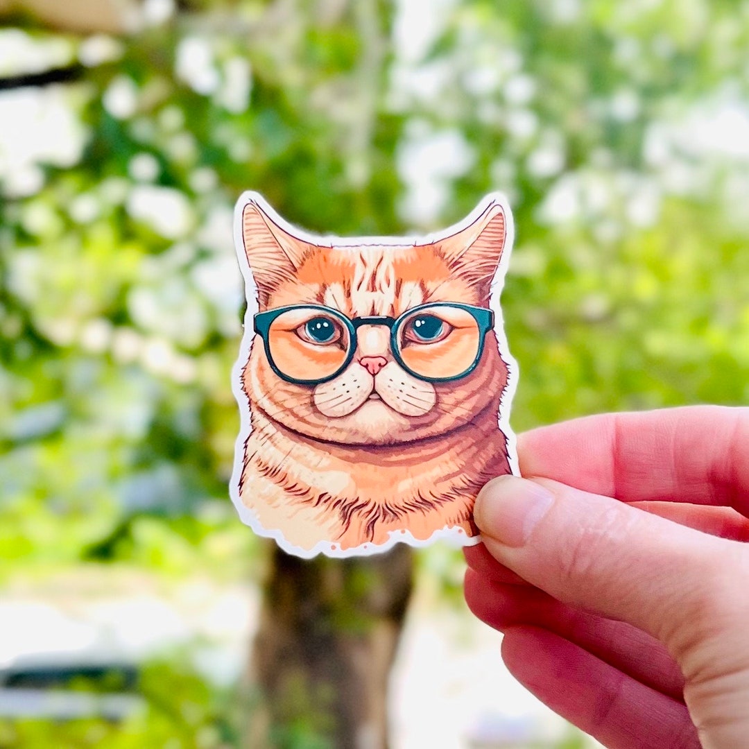 Orange Cat Sticker, Ginger Cat Vinyl Sticker, Orange Cat With Glasses ...