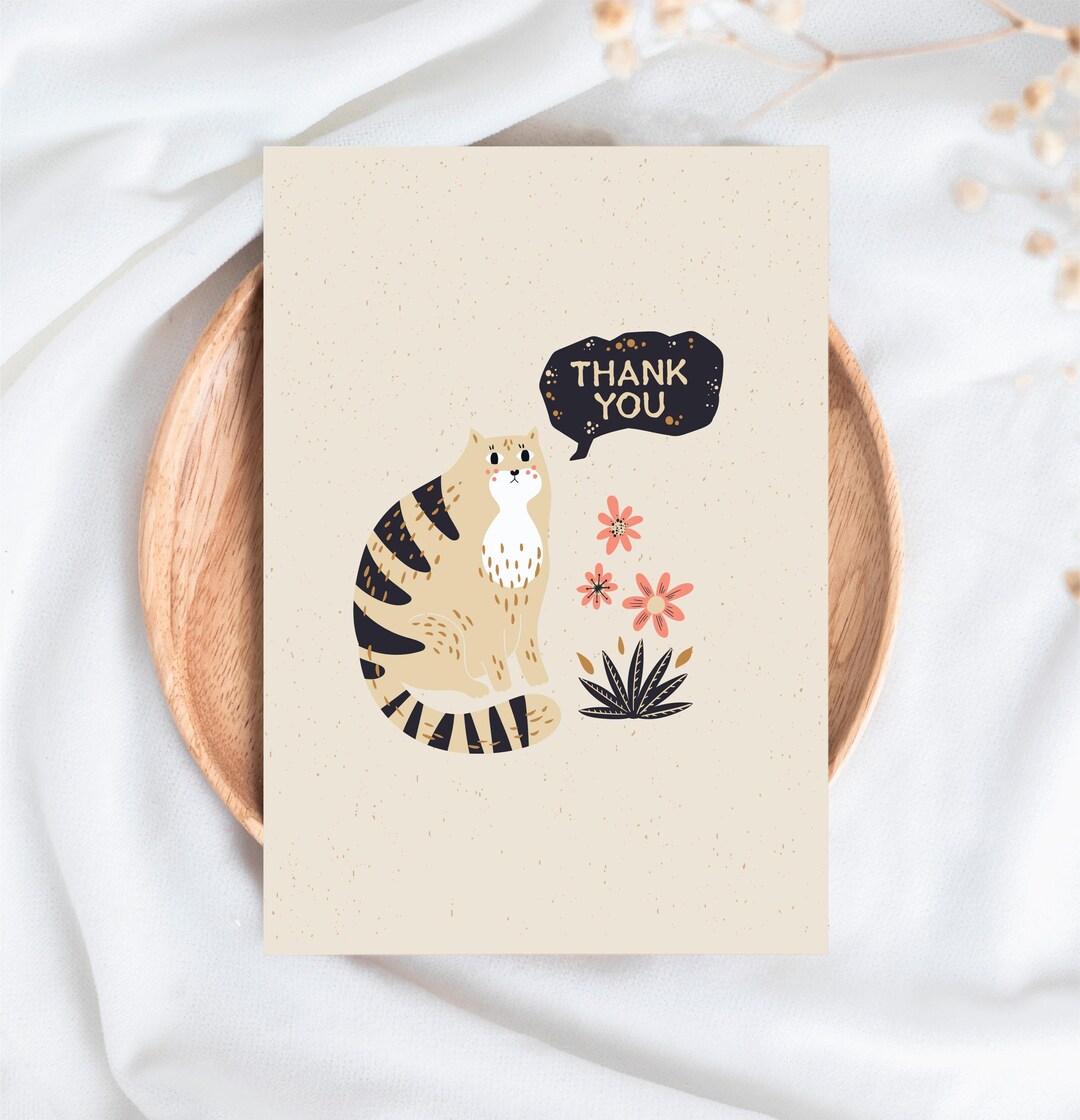 Tabby Cat Thank You Card, Cat Note Cards, Cats and Flowers, Gift for ...