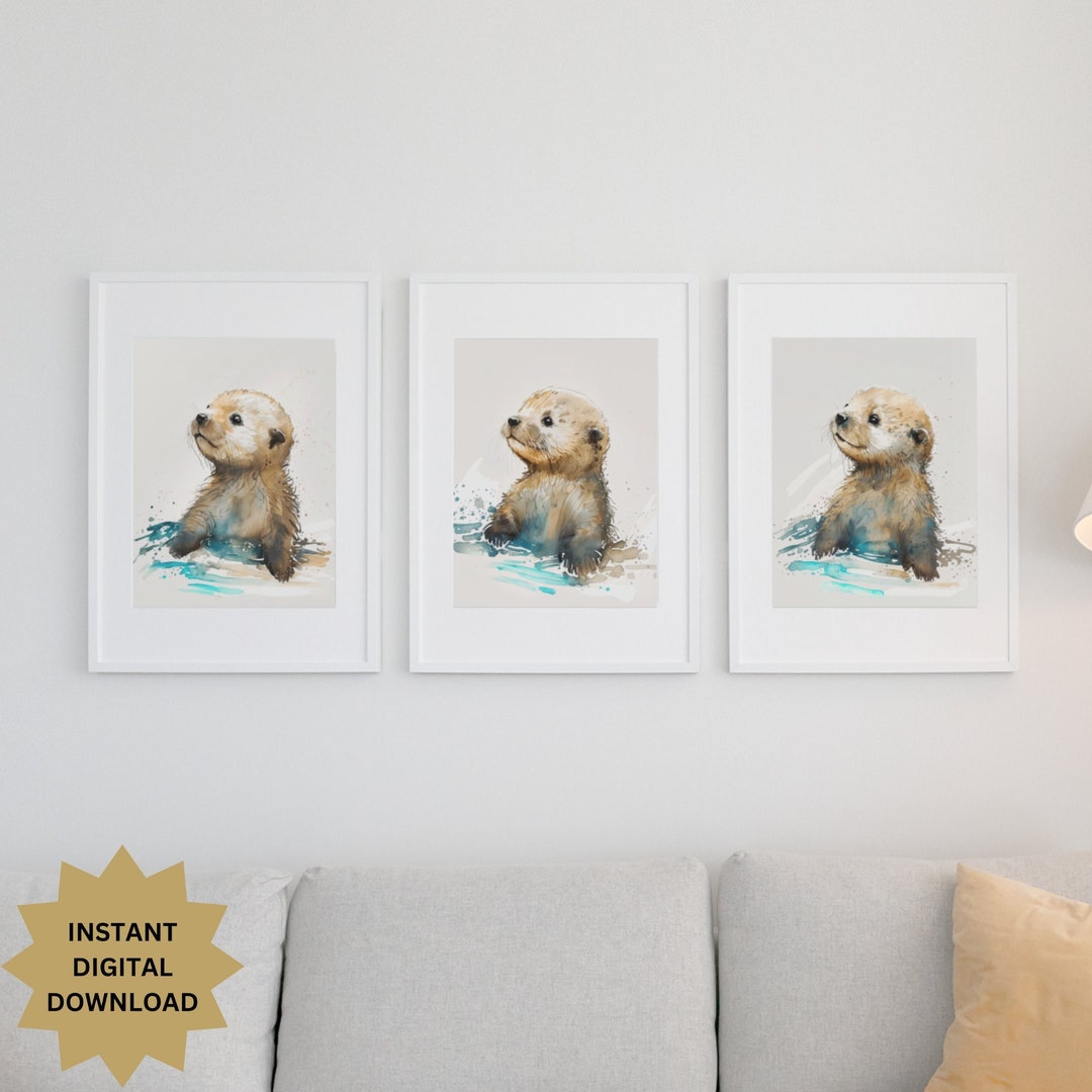 Set of 3 Otter Wall Art Nursery Digital Prints, Watercolour Sea Otters ...