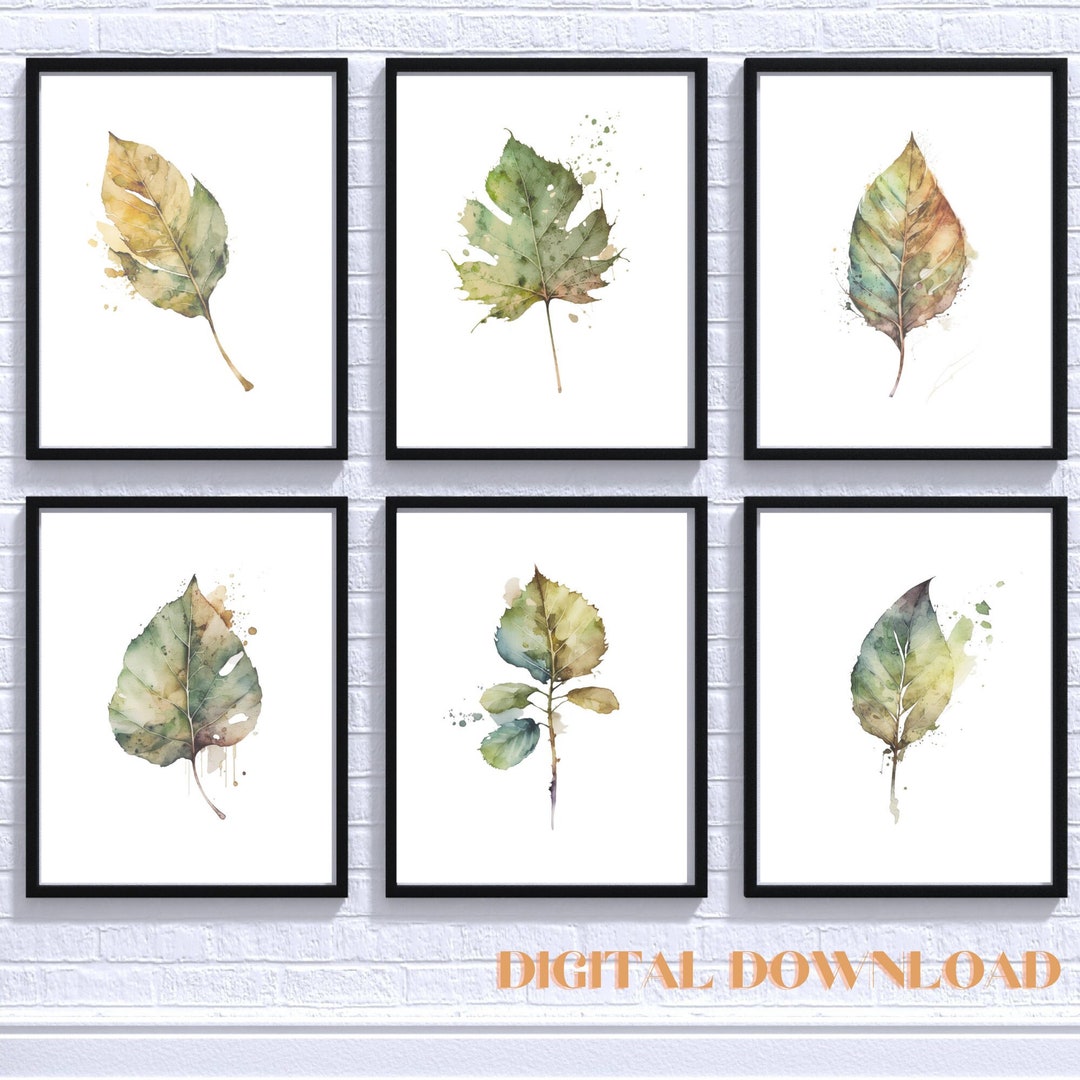 Set of 6 Watercolour Leaf Wall Art Prints, Greenery Farmhouse Digital ...