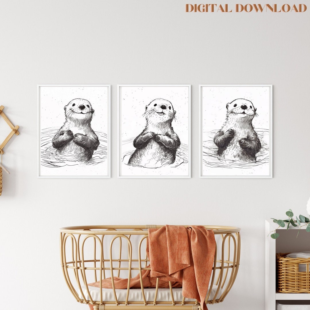 Set of 3 Otter Nursery Wall Art Printable Drawings, Otter Bathroom Wall ...