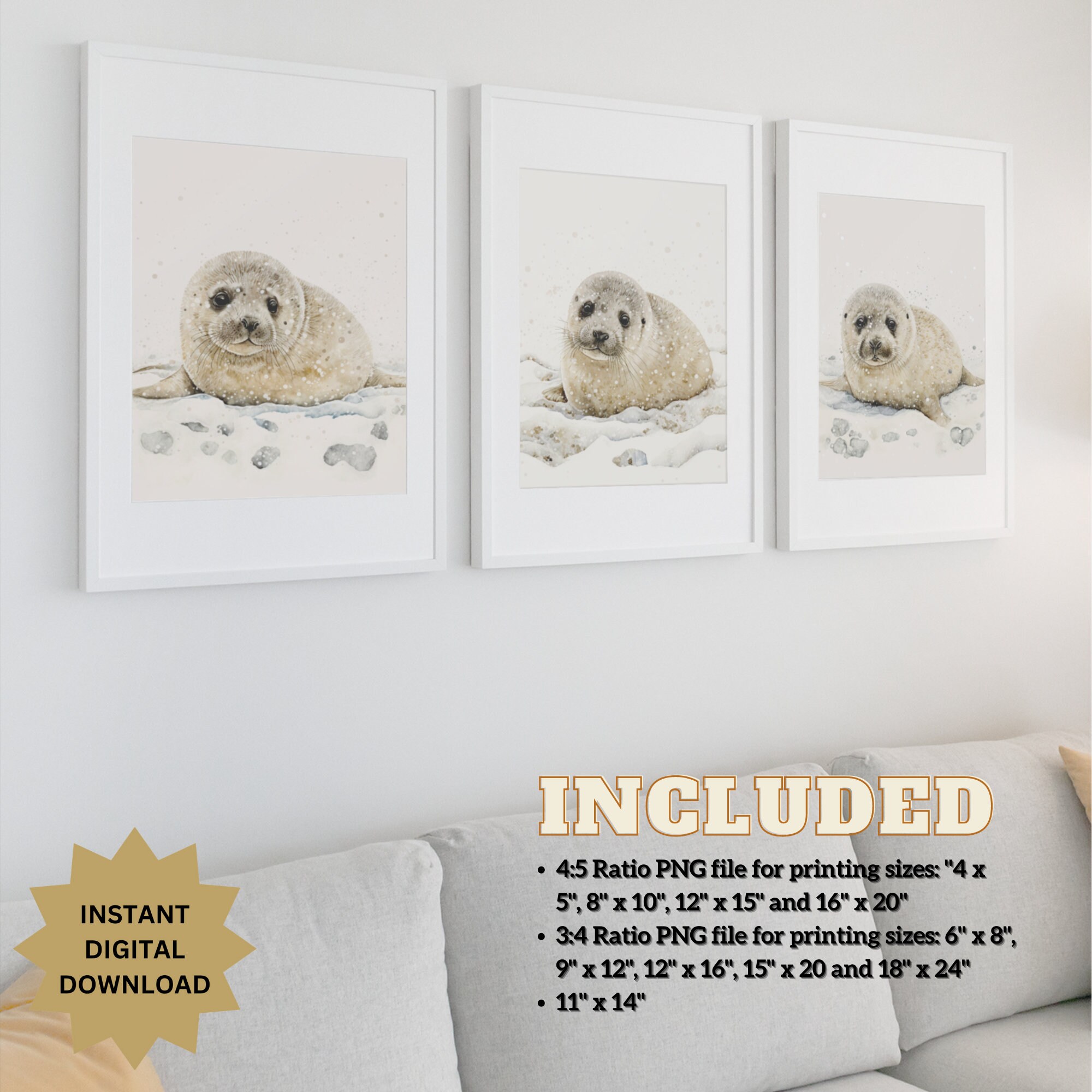 Set of 3 Seal Watercolour Wall Art Print, Nursery Illustrations, Seal ...
