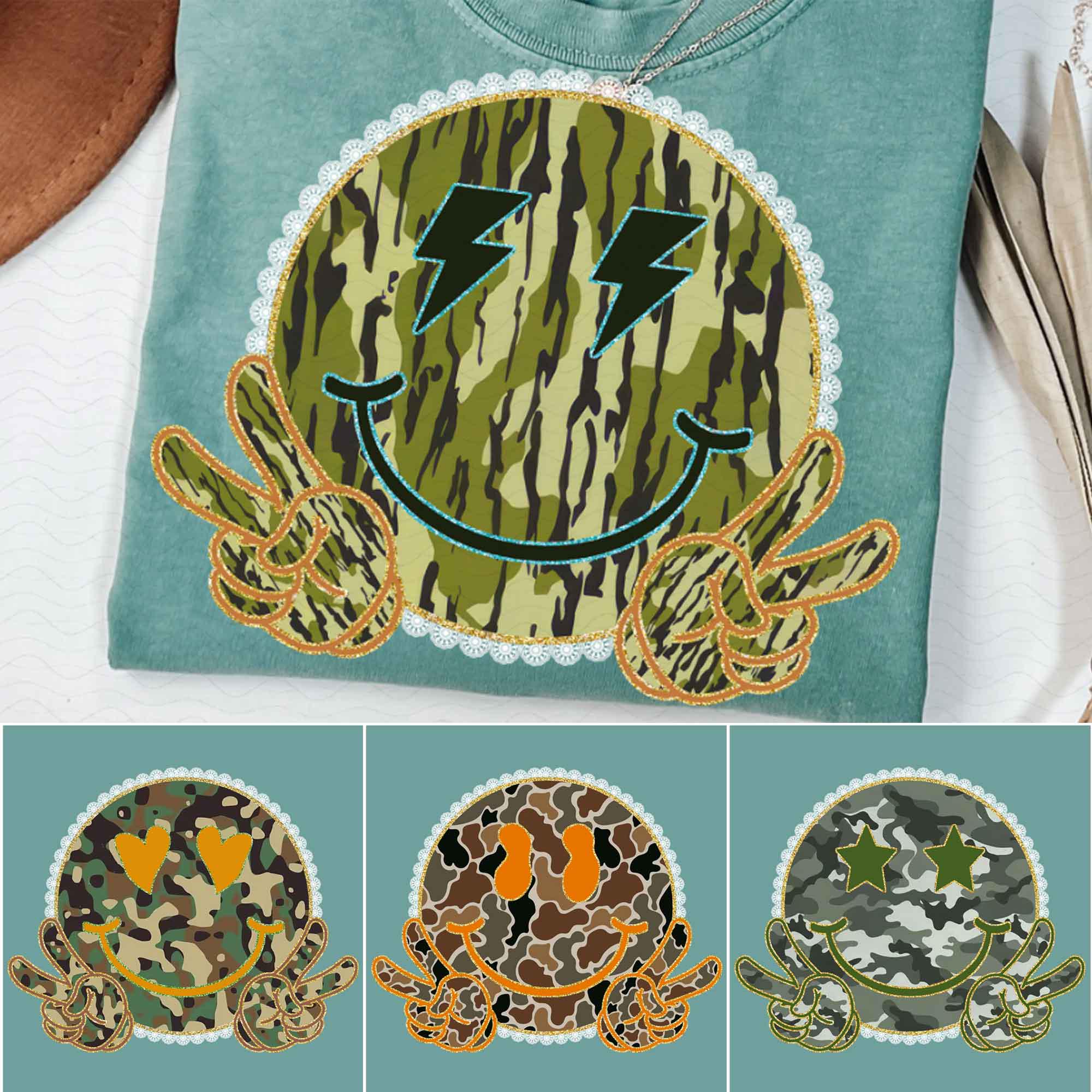 Camo Smiley Face Peace Hand Sign Bundle Png, Retro Back to School Png ...