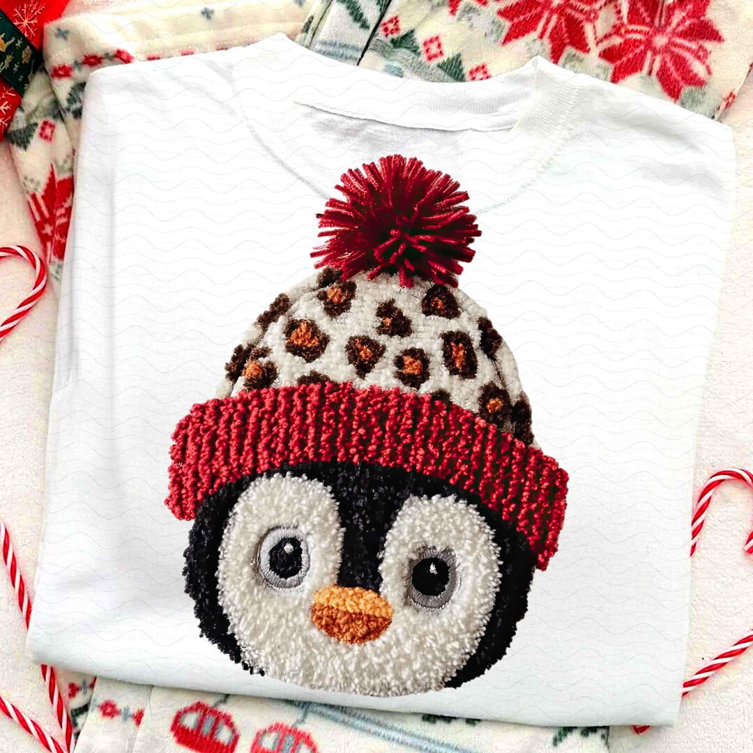 Penguin Head in Leopard Print Hat Png, Faux Yarn Digital Design, Trendy ...