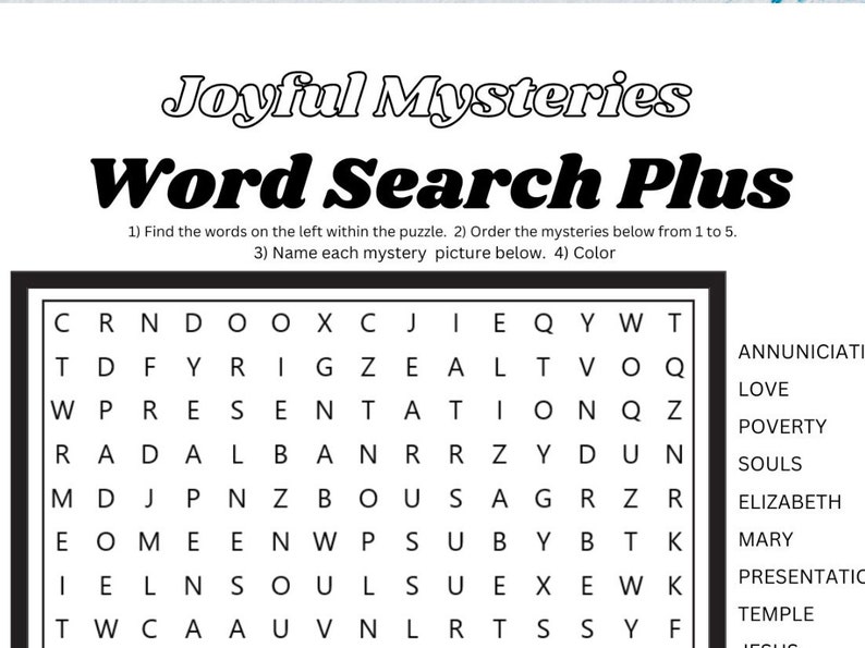 Rosary Mysteries Printable Joyful Mysteries Word Search Plus Activity ...