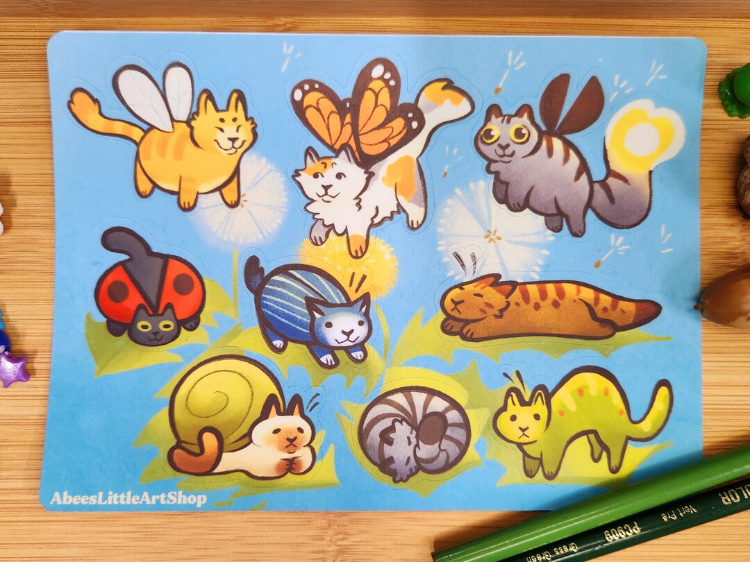 Bug Cats Cute Summer Critters Spring Nature Quirky Waterproof Vinyl ...
