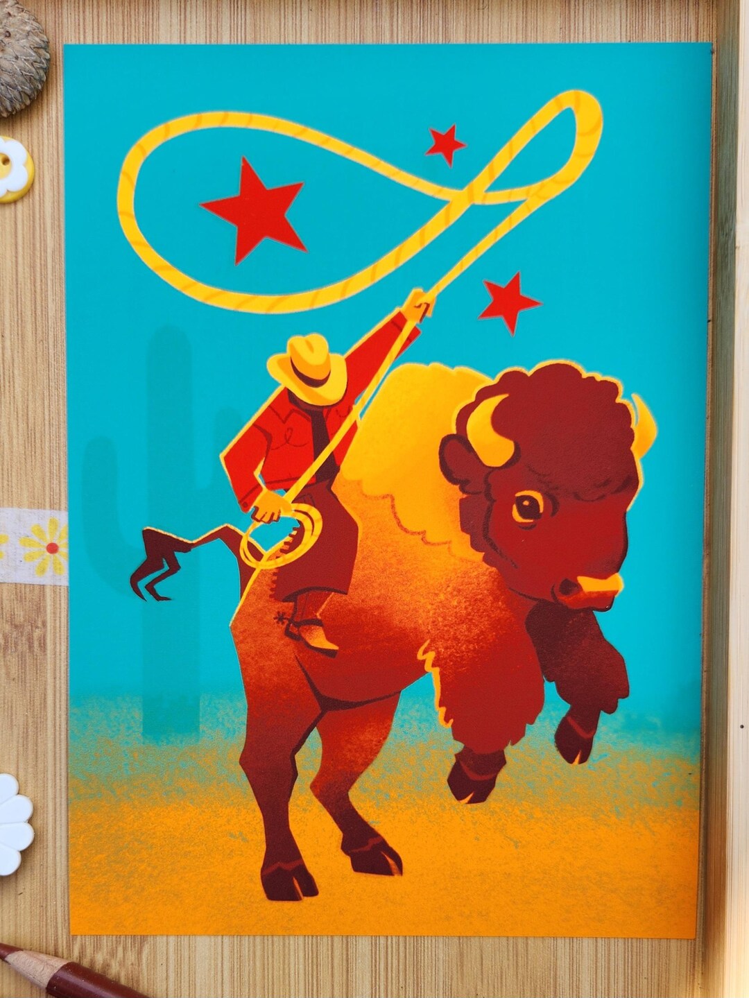Cowboy Buffalo Rodeo Wild West Bison Illustrated Print 7"x5 ...