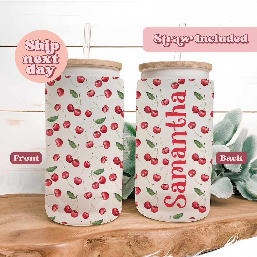 Cherries Libby Glass Cup With Bamboo Lid and Straw, Chery Lover Gifts ...