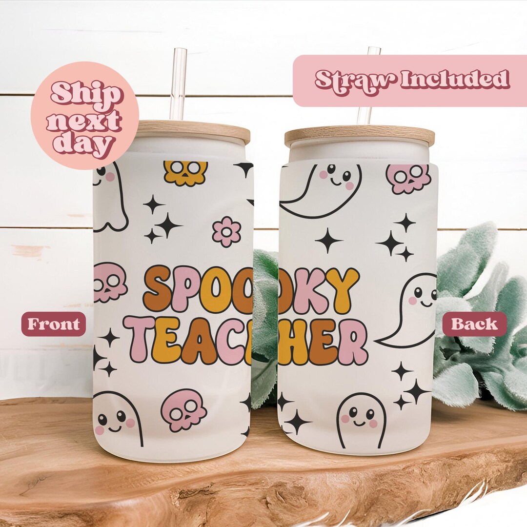 Spooky Teacher Libby Cup With Lid & Straw, Sipper Iced Coffee Glass ...
