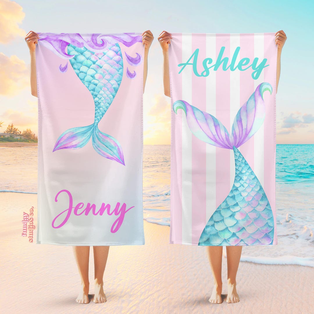 Custom Beach Towel | Retro Mermaid Tail Design | Personalized Beach ...