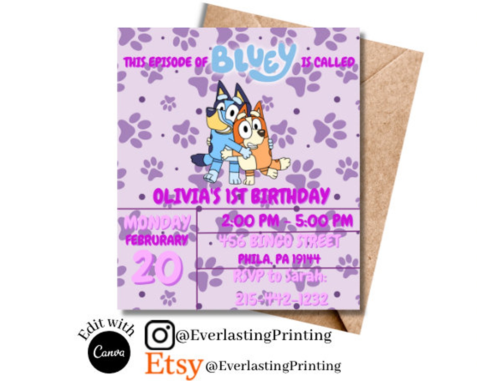 Bluey Purple Paw Print Birthday Invitation Digital - Etsy