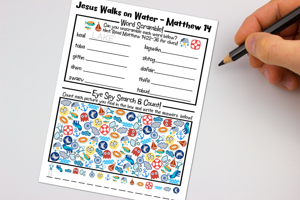 Jesus Walks on Water Word Scramble and Eye Spy - Etsy