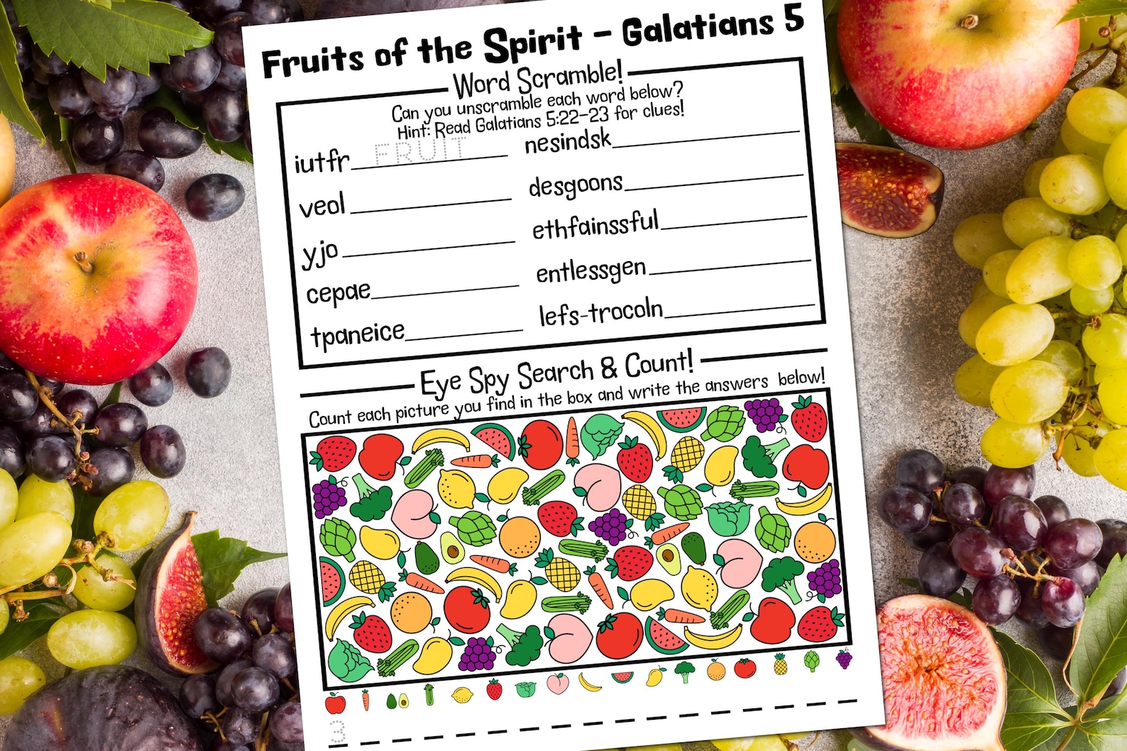 Fruit of the Spirit Galatians 5 Word Scramble and Eye Spy Activity ...