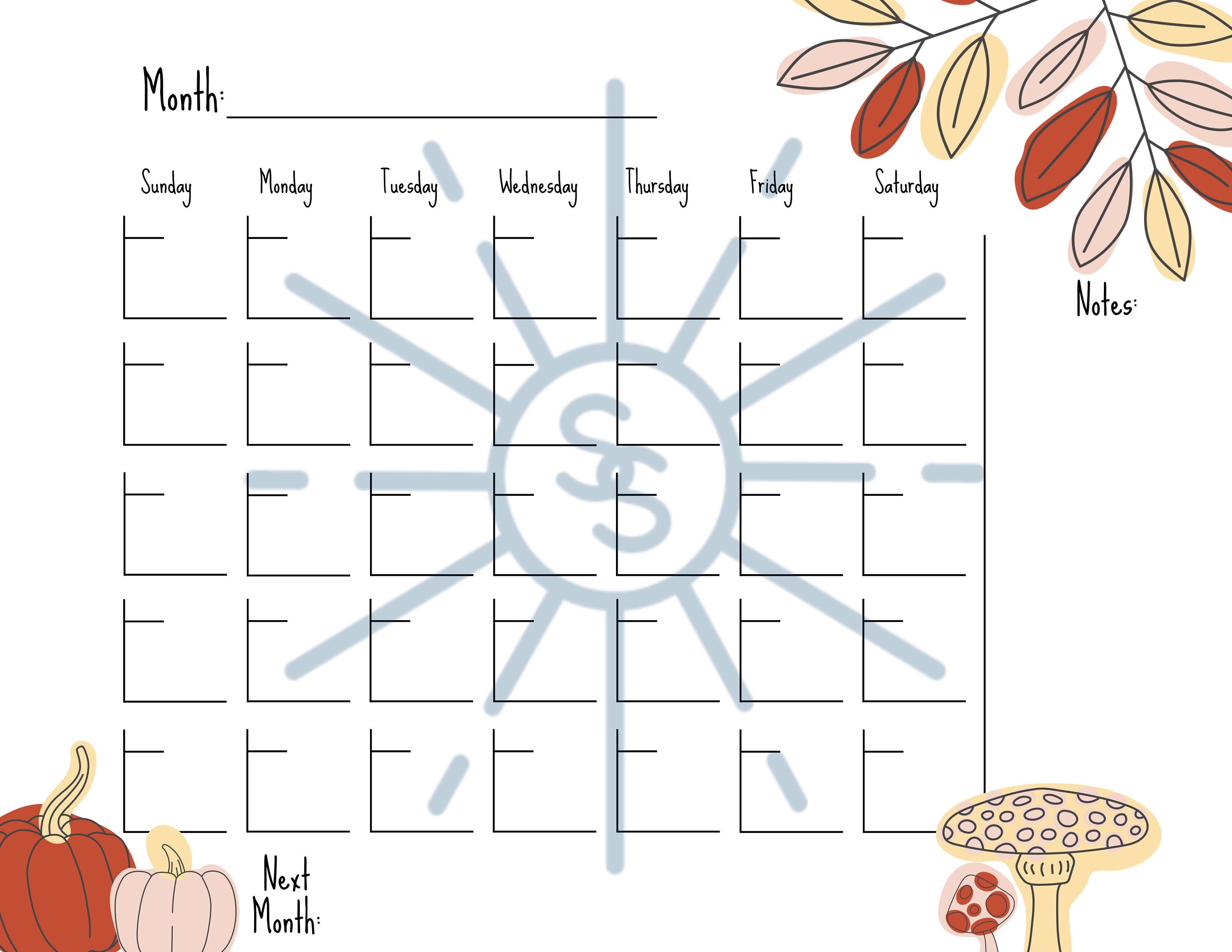Printable Blank Autumn Calendar - Etsy