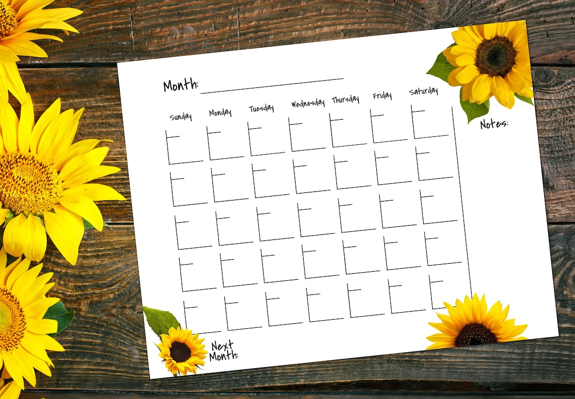 Printable Blank Sunflower Calendar - Etsy
