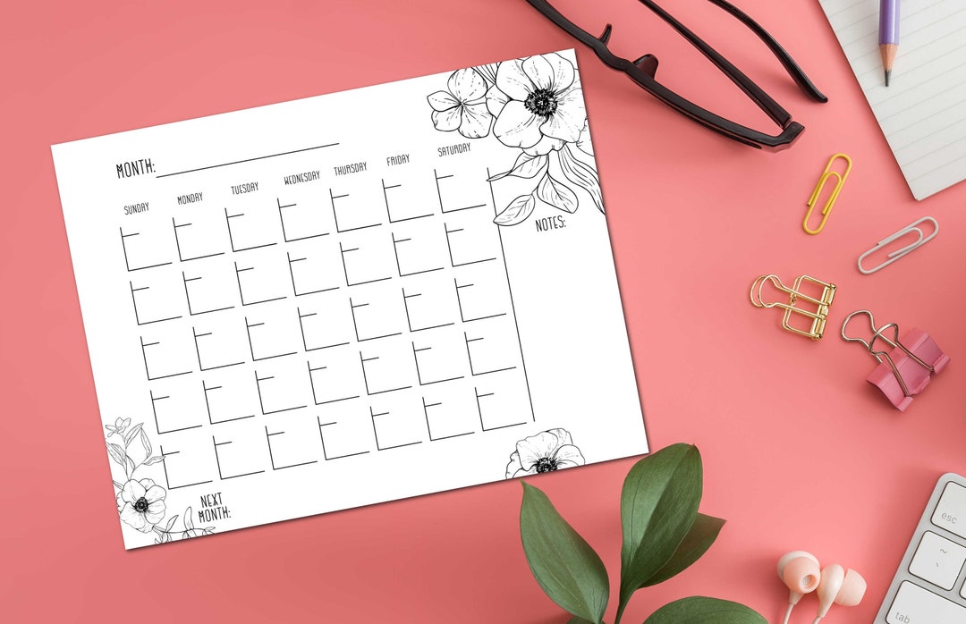 Printable Blank Black & White Floral Calendar - Etsy