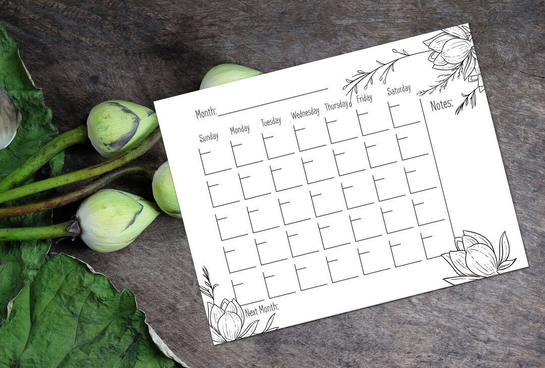 Printable Blank Black & White Lotus Calendar - Etsy
