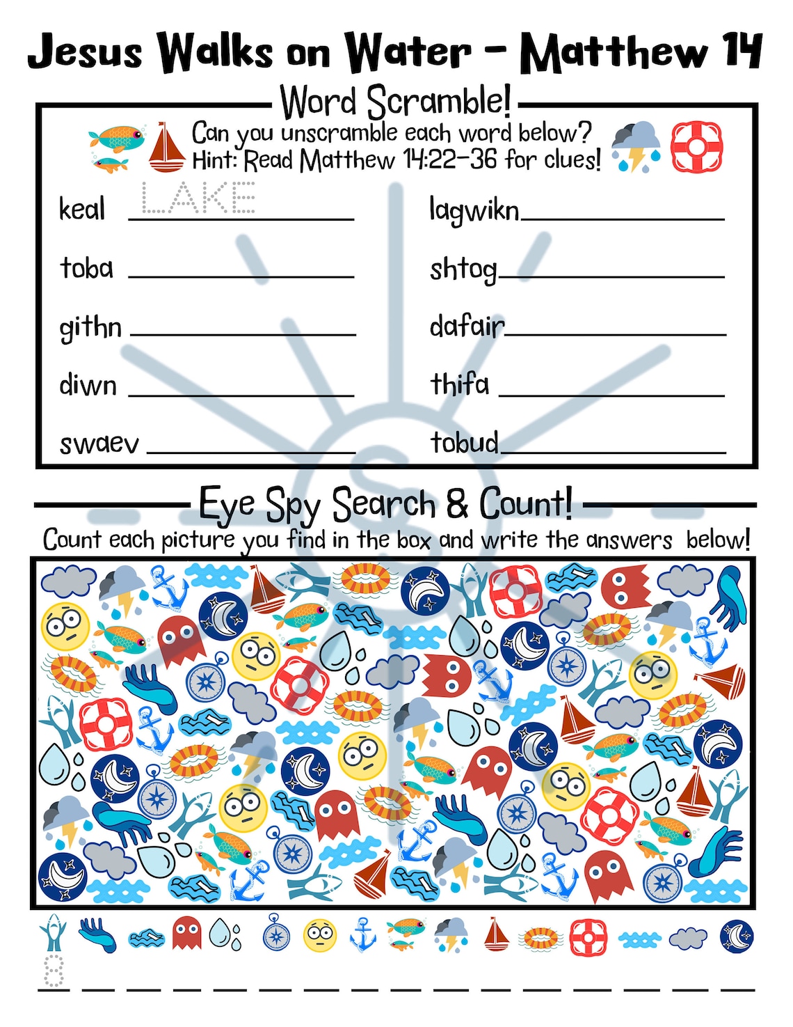 Jesus Walks on Water Word Scramble and Eye Spy - Etsy