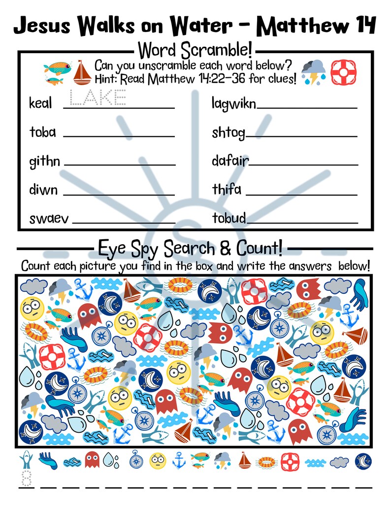 Jesus Walks on Water Word Scramble and Eye Spy - Etsy