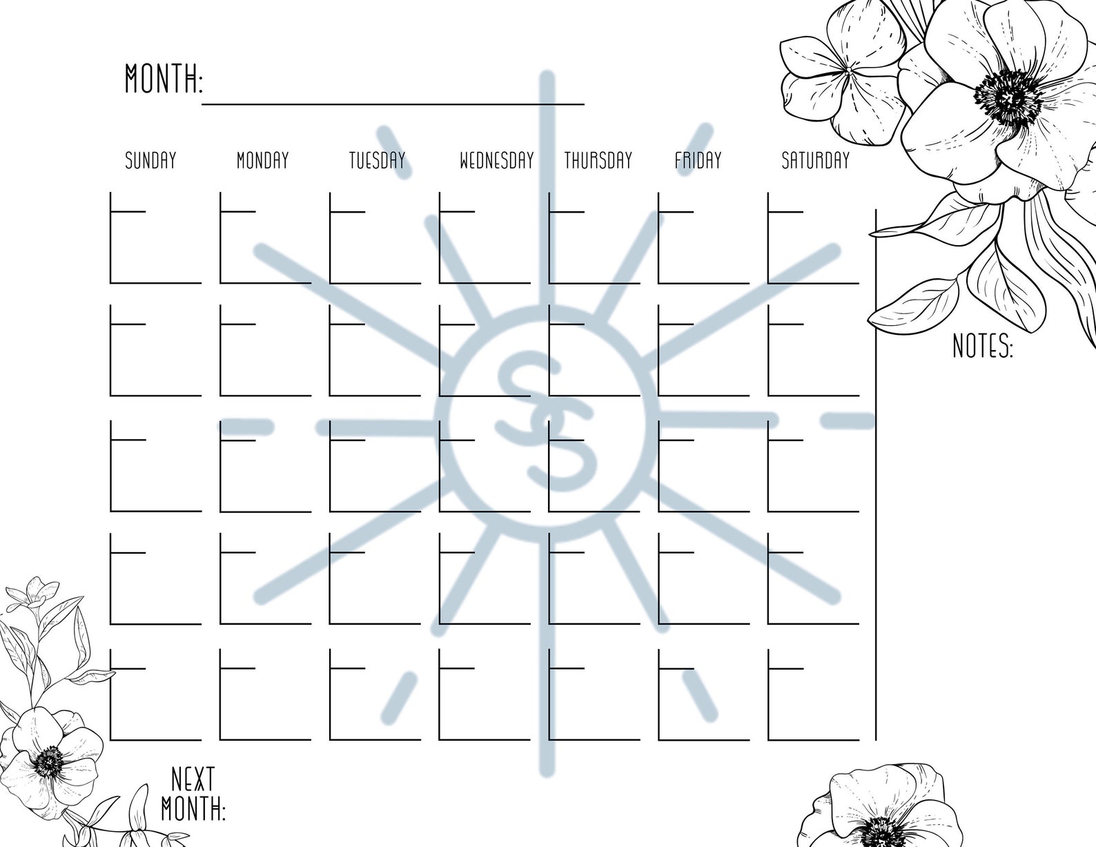 Printable Blank Black & White Floral Calendar - Etsy
