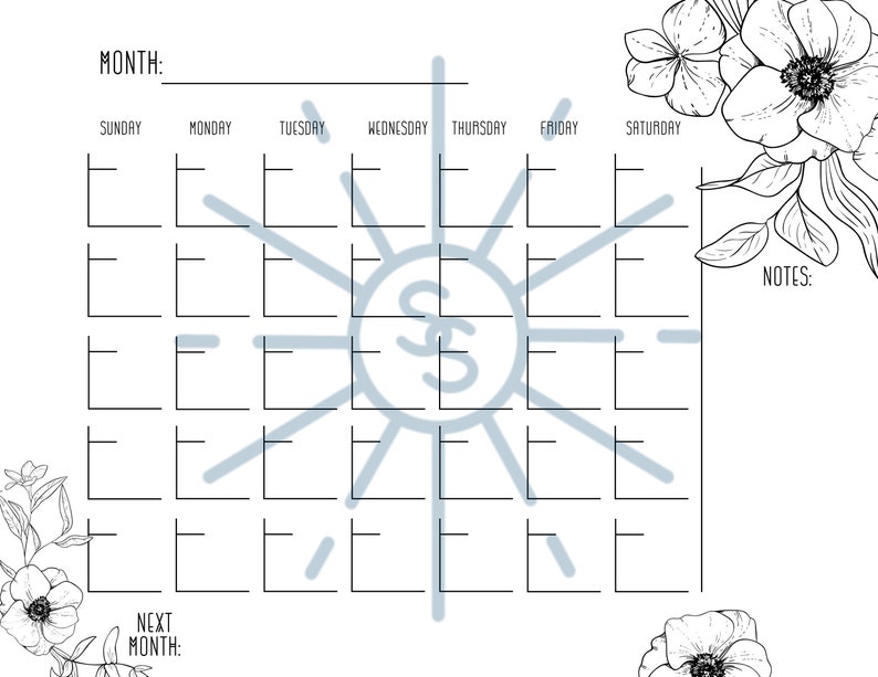 Printable Blank Black & White Floral Calendar - Etsy