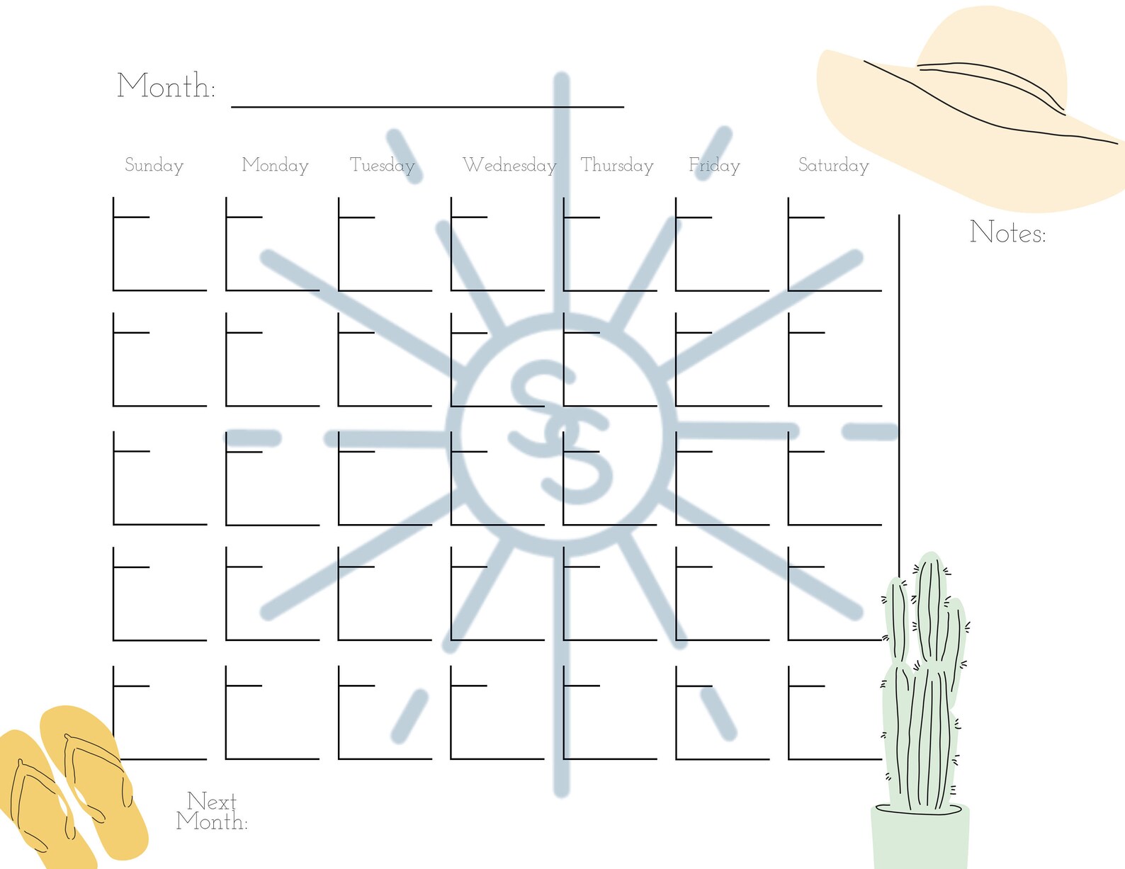 Printable Blank Summer Themed Calendar - Etsy