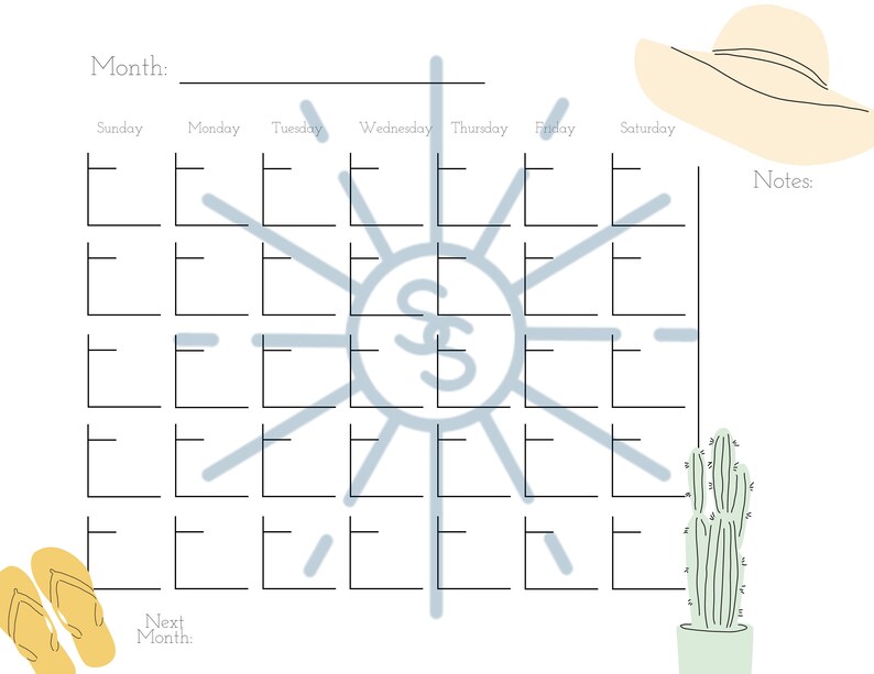 Printable Blank Summer Themed Calendar - Etsy