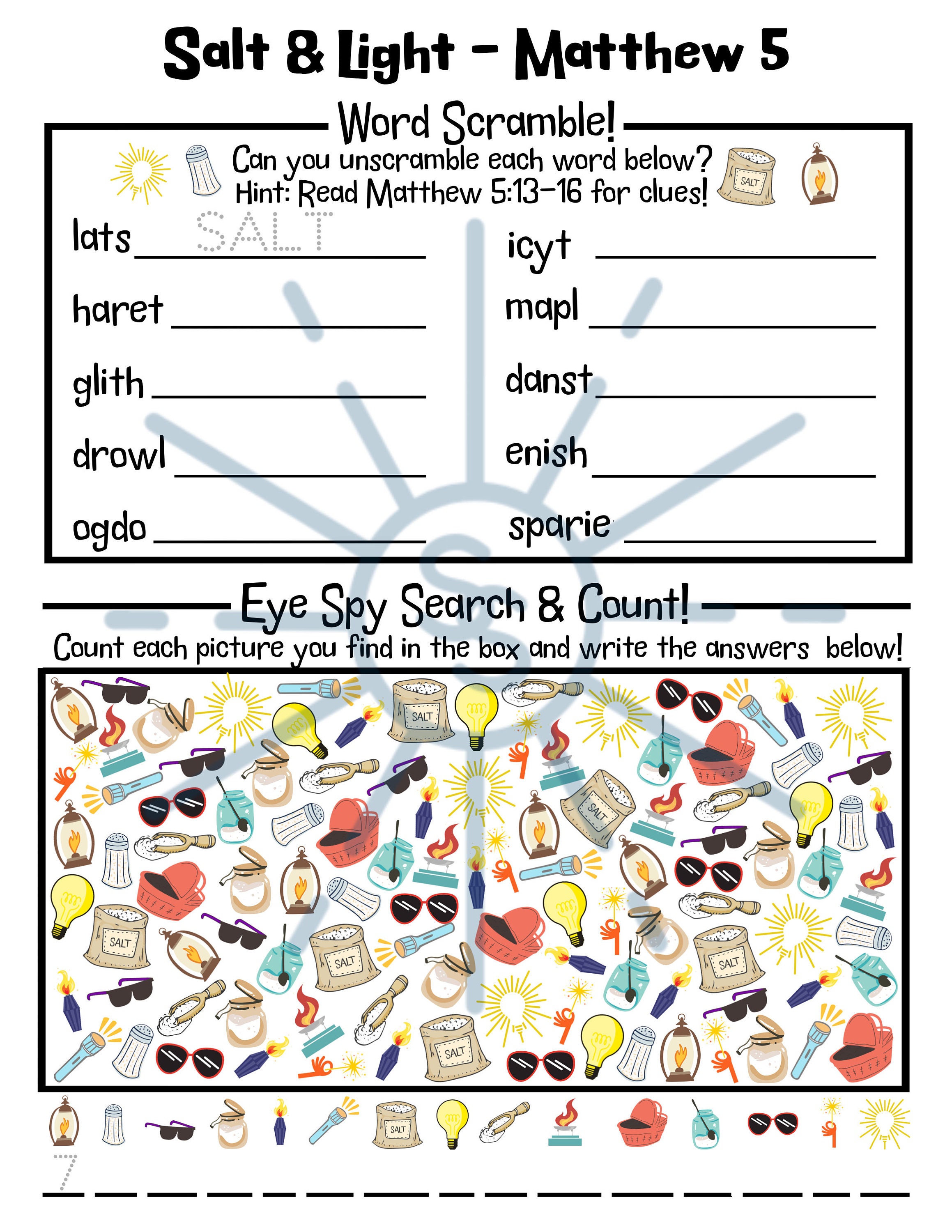 Salt and Light Word - Matthew 5 Scramble and Eye Spy - Etsy