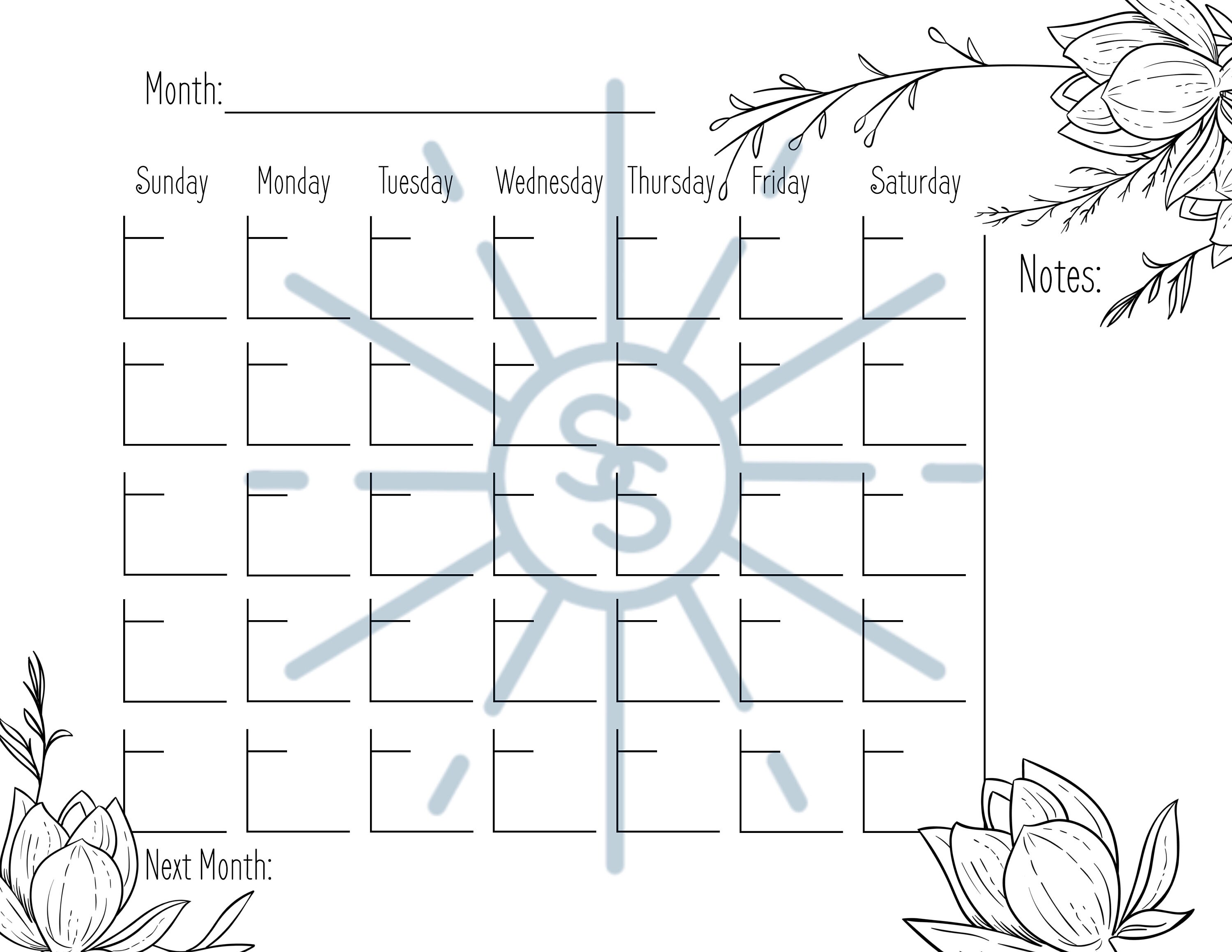 Printable Blank Black & White Lotus Calendar - Etsy