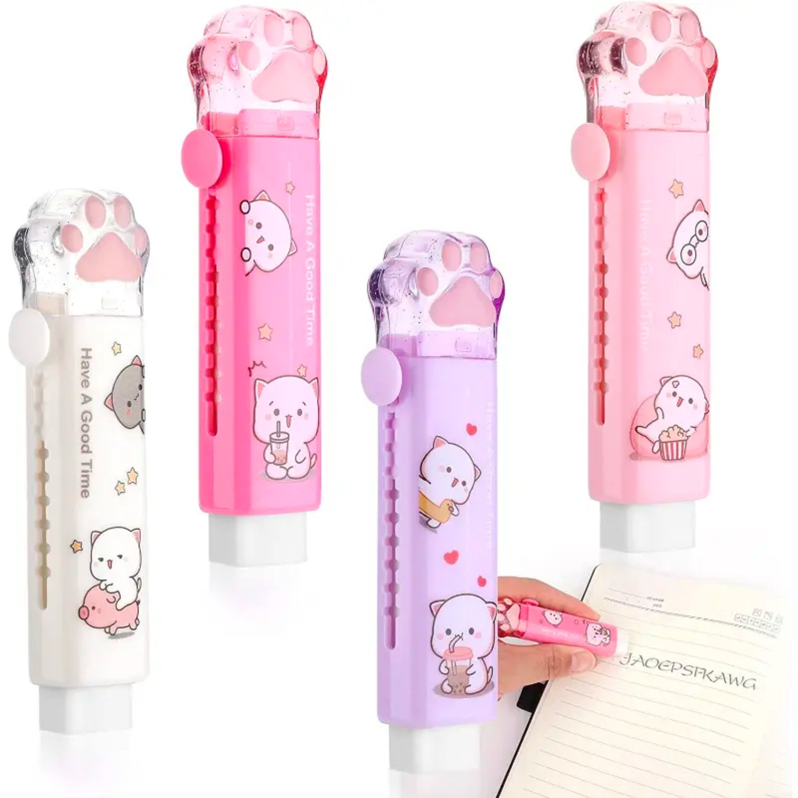 Kawaii Cat Paw Retractable Erasers, Pink Rubber Erasers, Back to School ...