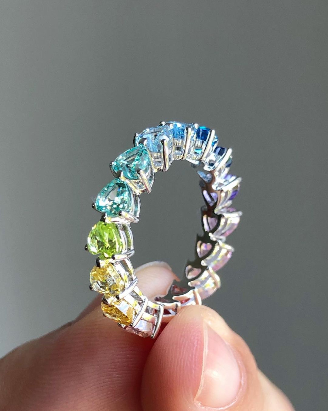 10K White Gold Multicolor Rainbow Ring CZ Eternity Band, Anniversary ...