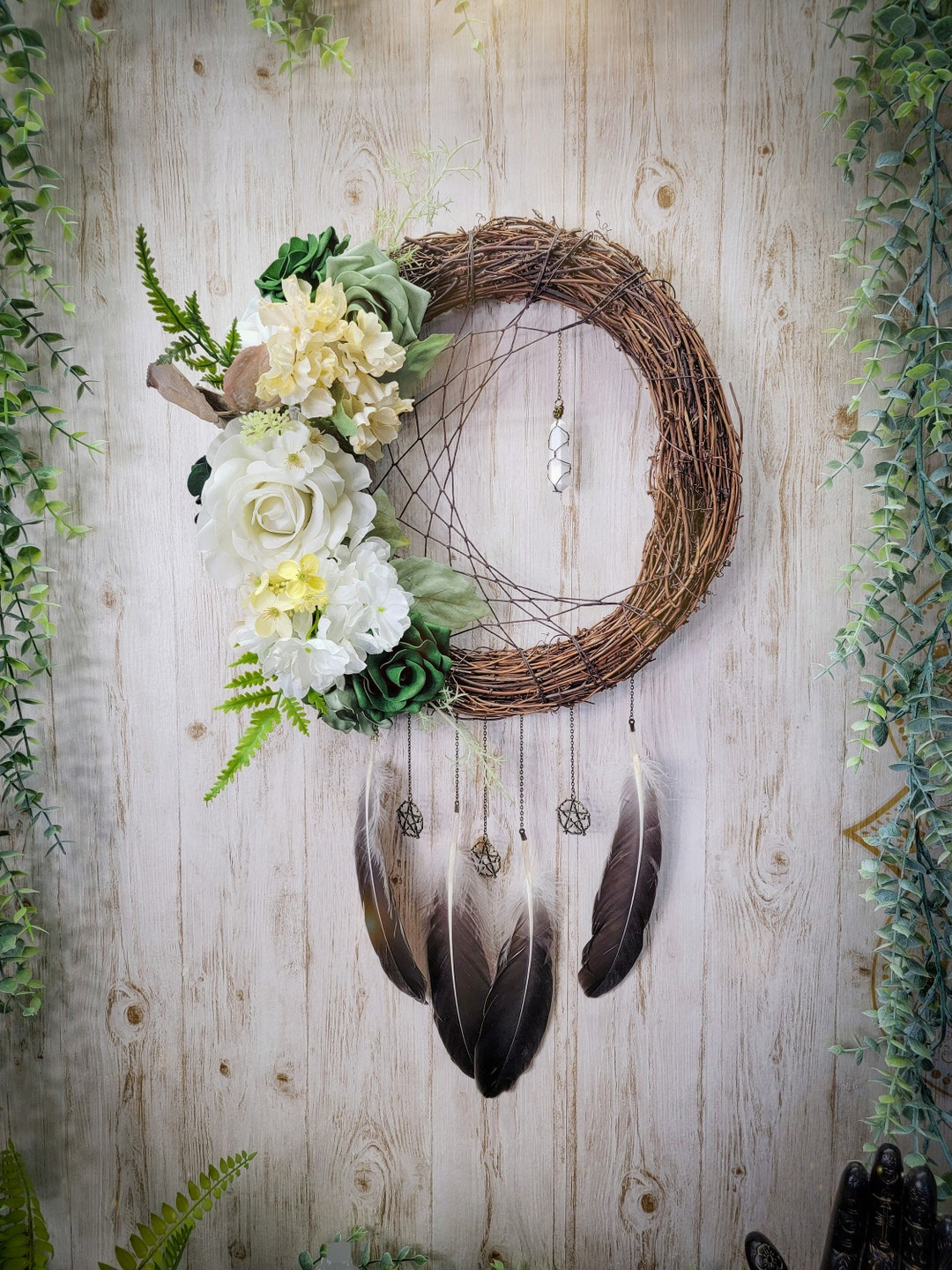 Boho Crescent Moon Wreath With Scolecite Crystal, Pentacles, Feathers ...