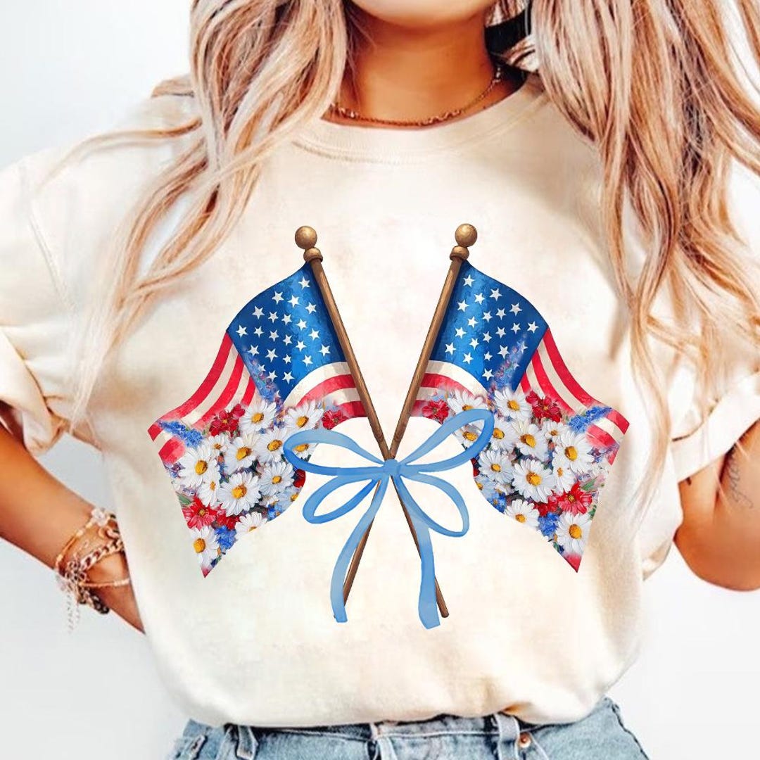 Preppy American Flag Boho Floral Coquette Bow Png, 4th of July Png ...