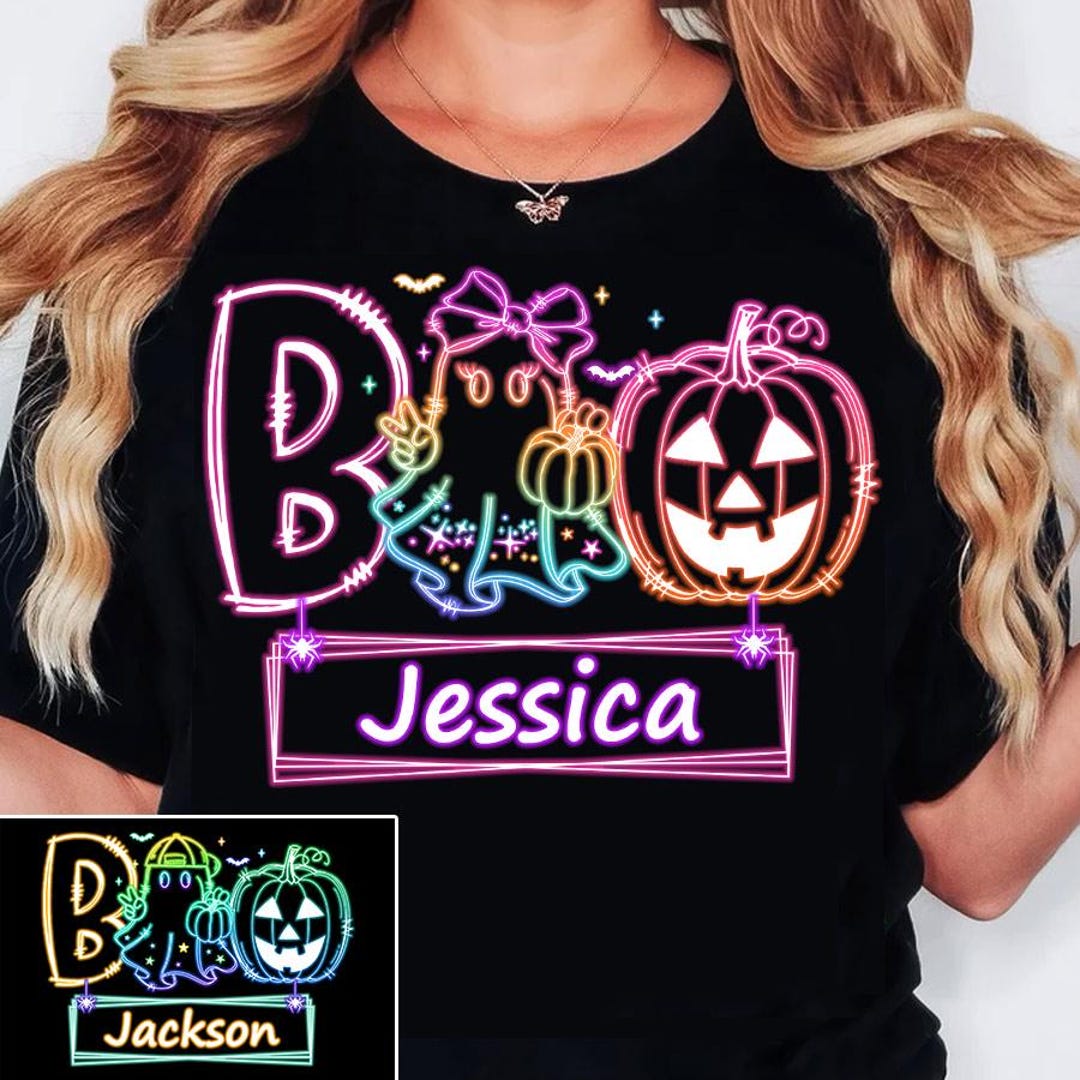 Personalized Halloween Kids Name Png, Retro Boy Girl Boo Neon Png ...