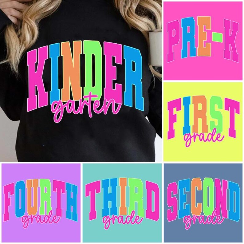 Neon Distressed First/ Second/ Third Grade Bundle Png, Preppy Back to ...