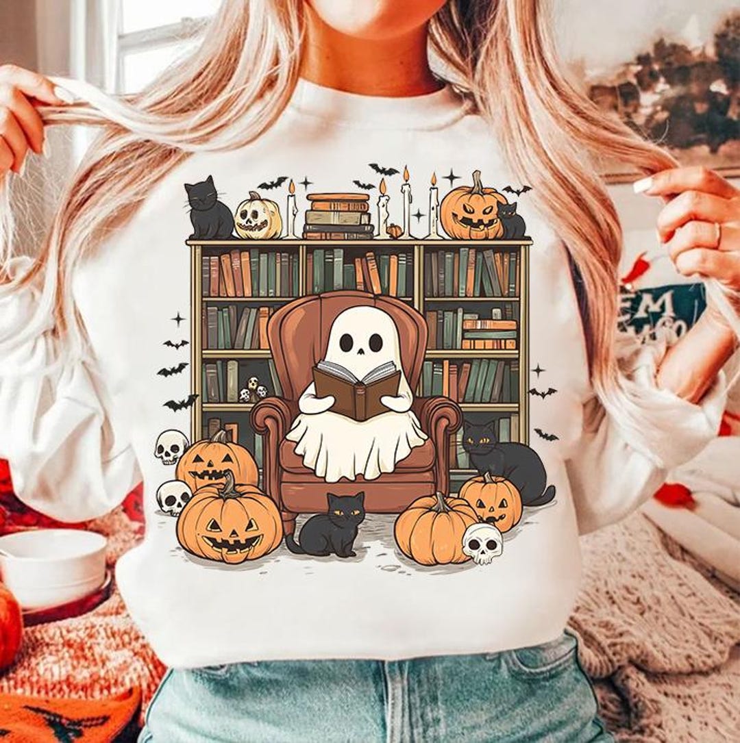 Ghost Reading Book Png, Halloween Bookshelf Png, Ghostly Bookish Png ...