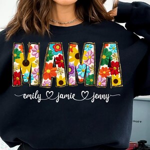 Glitter Floral Mama With Kids Name Png, Flowers Embroidery Mama Design ...