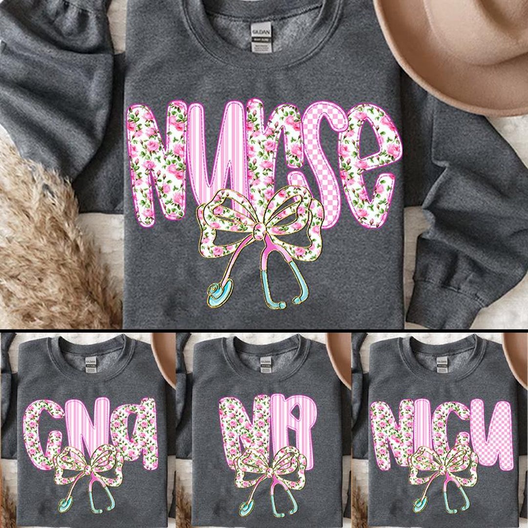Preppy Nurse Blue Floral Bow PNG Bundle, Boho CNA Nicu RN Sublimation ...