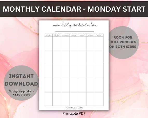 Blank Monthly Calendar Monday Start Blank Month Printable Monday Start ...