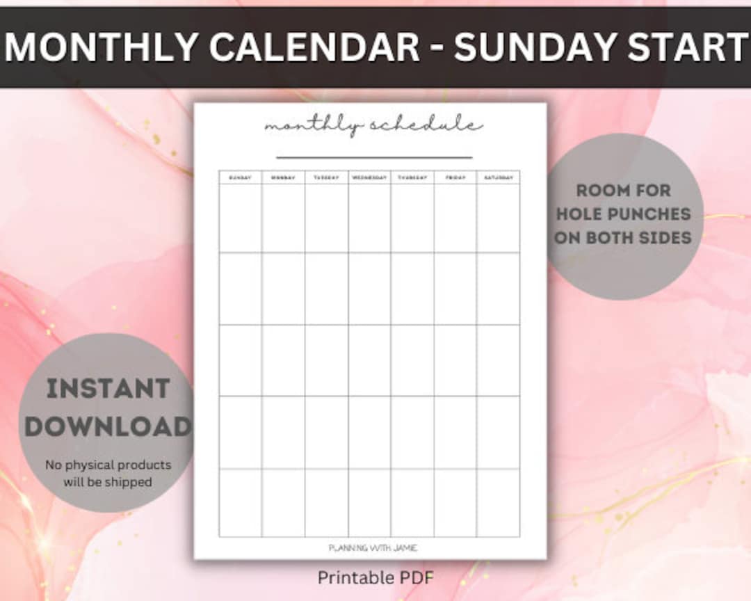 Blank Monthly Calendar - Sunday Start | Blank Month Printable | Sunday ...
