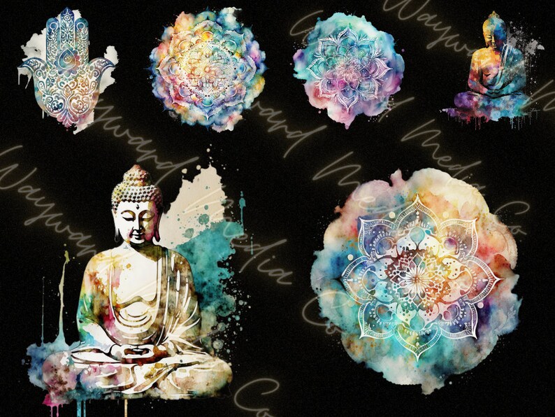 Watercolor Metaphysical Clip Art Bundle, Lotus, Hamsa Hand, Unalome ...